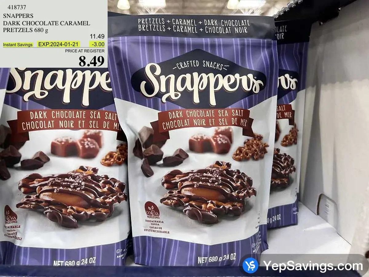 SNAPPERS DARK CHOCOLATE CARAMEL PRETZELS 680 g at Costco Ancaster Hamilton