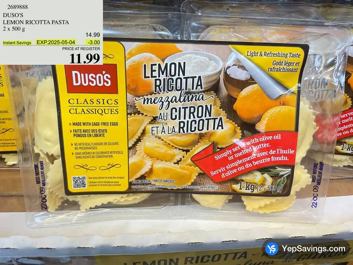 DUSOS LEMON RICOTTA PASTA 2 x 500 g at Costco {0} {1}