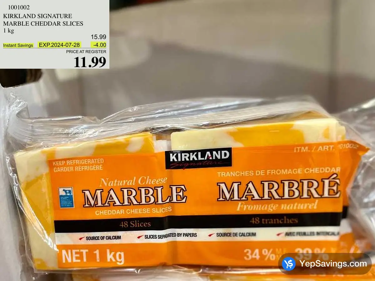 KIRKLAND SIGNATURE MARBLE CHEDDAR SLICES 1 kg at Costco Brant St Burlington