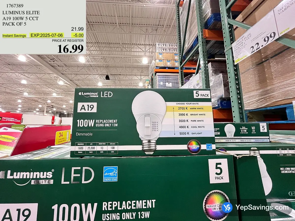 LUMINUS ELITE A19 100W 5 CCT PACK OF 5 at Costco South Saskatoon